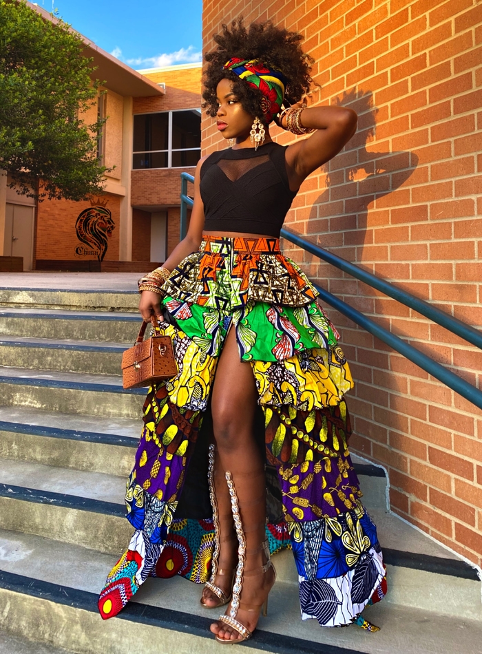 Afia Shakara Slitted Tier Patch Maxi Skirt in African Ankara Dashiki ...