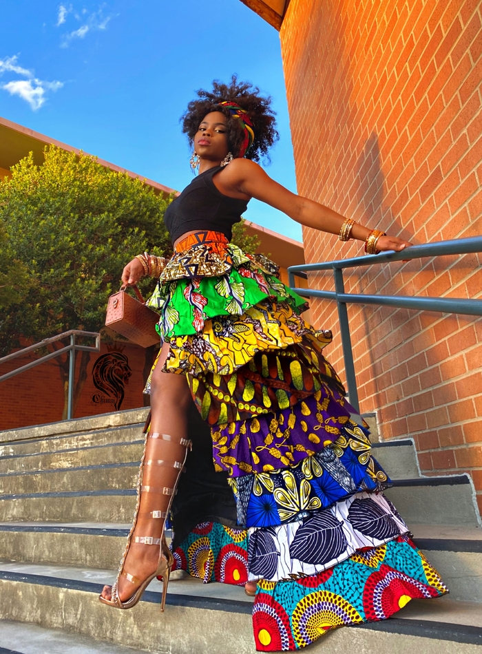 Afia Shakara Slitted Tier Patch Maxi Skirt in African Ankara Dashiki ...
