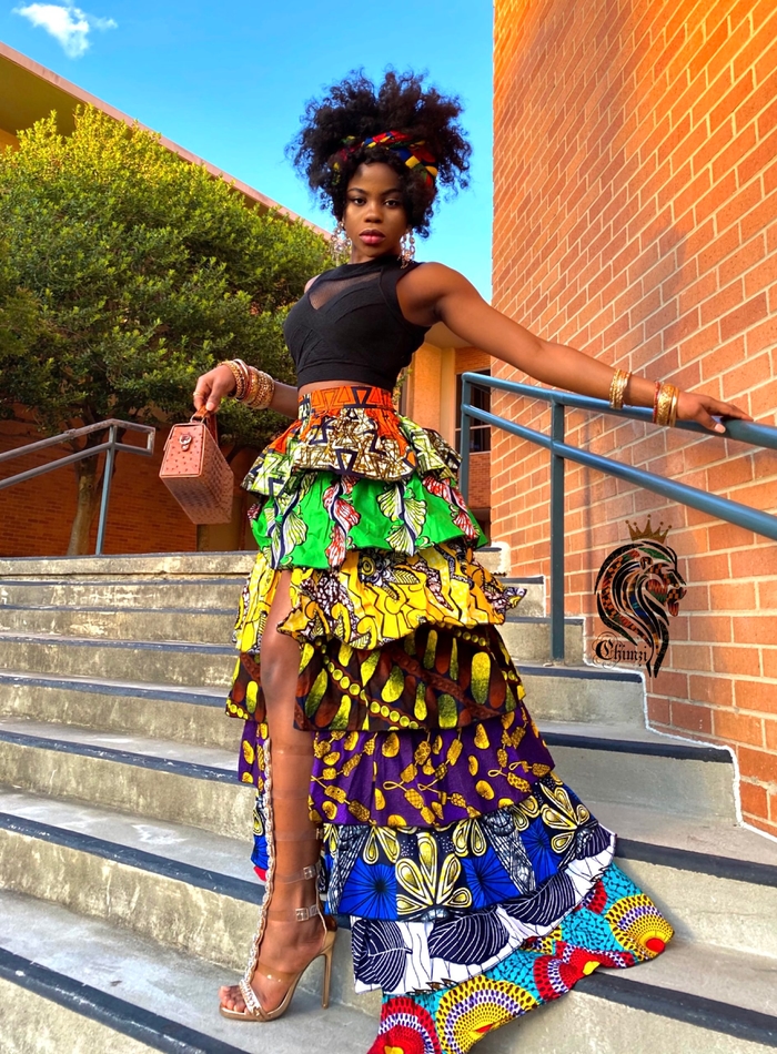 Afia Shakara Slitted Tier Patch Maxi Skirt in African Ankara Dashiki ...